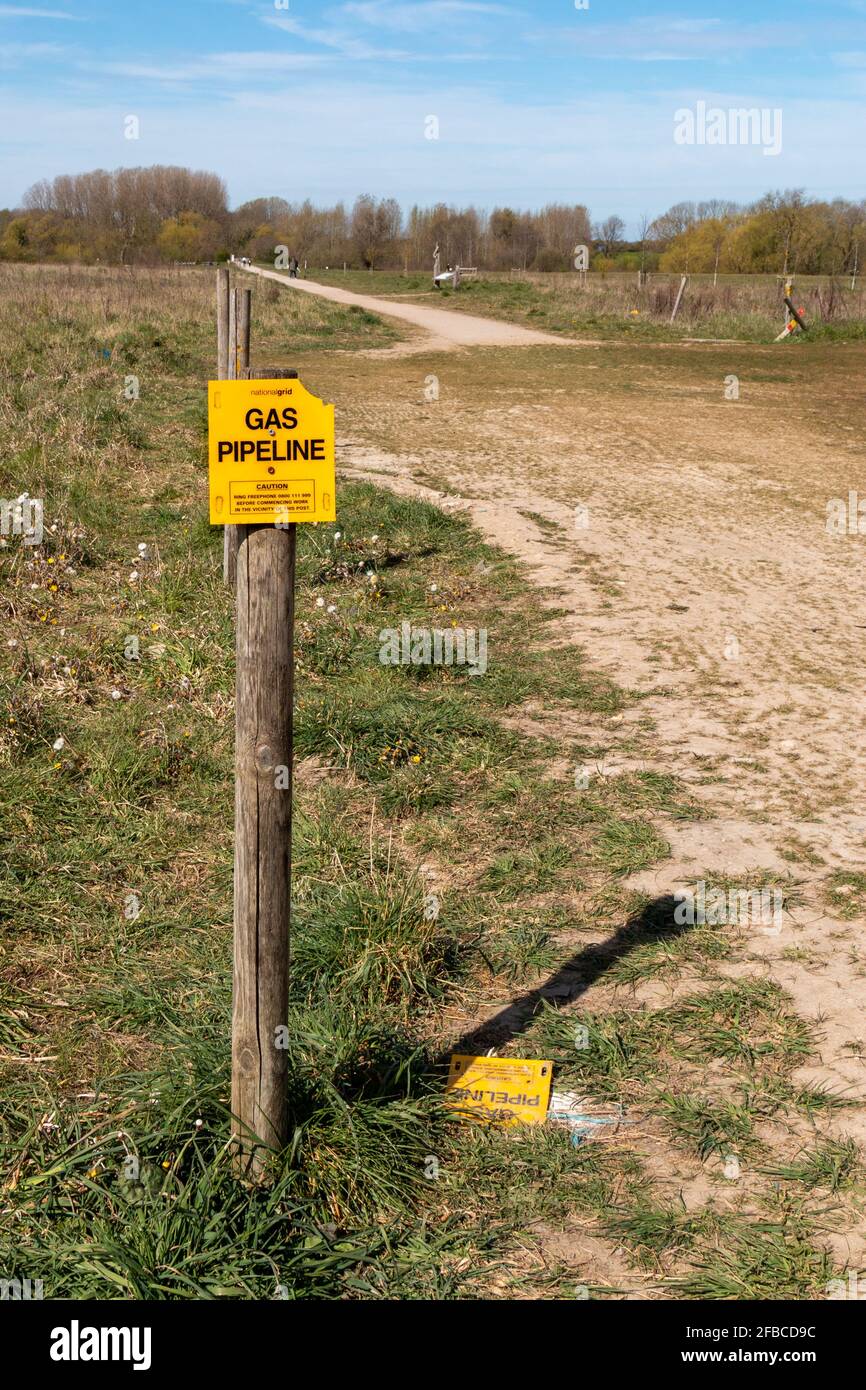 Caution, Gas Pipeline - a sign at the entrance to Trumpington Meadows ...