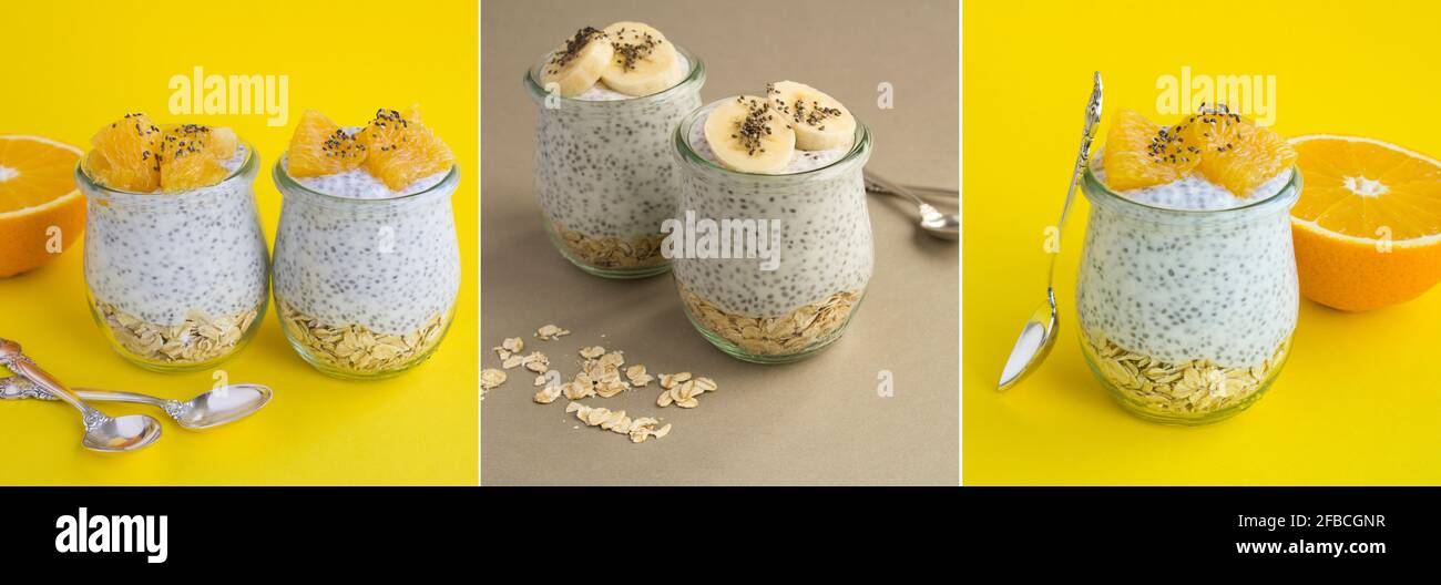 Collage of pudding with chia seed. Pudding with chia seed, oat flakes ...