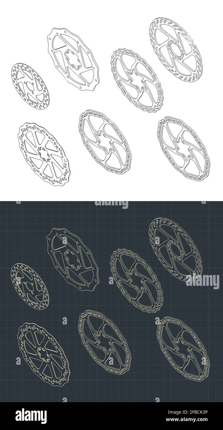 Stylized vector illustration of Bicycle disc brakes isometric drawings ...