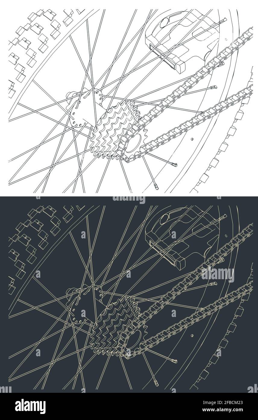 Stylized vector illustration of bicycle transmission drawings Stock ...