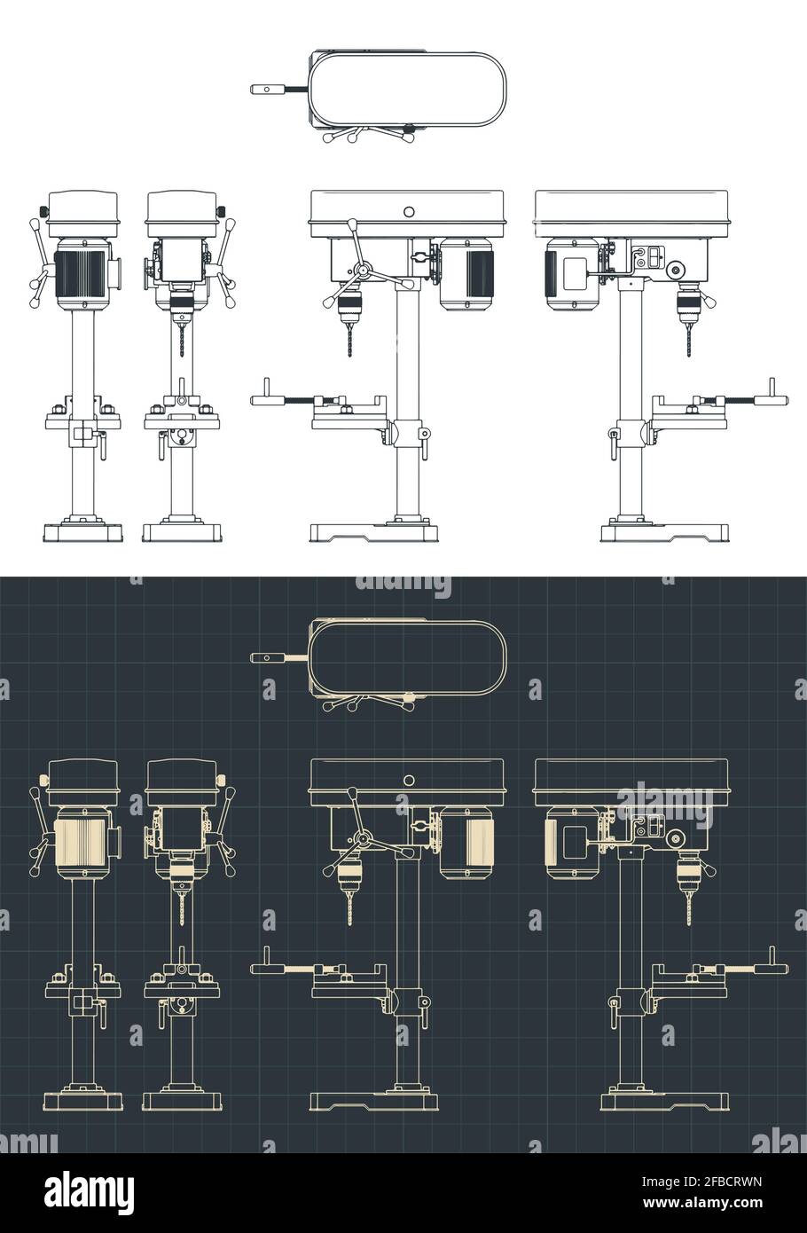 Stylized vector illustrations of industrial drill press drawings Stock ...