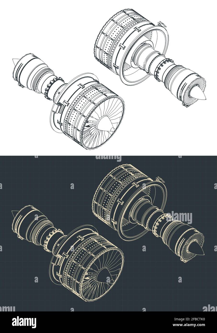 Stylized vector illustration of turbofan engines isometric drawings ...