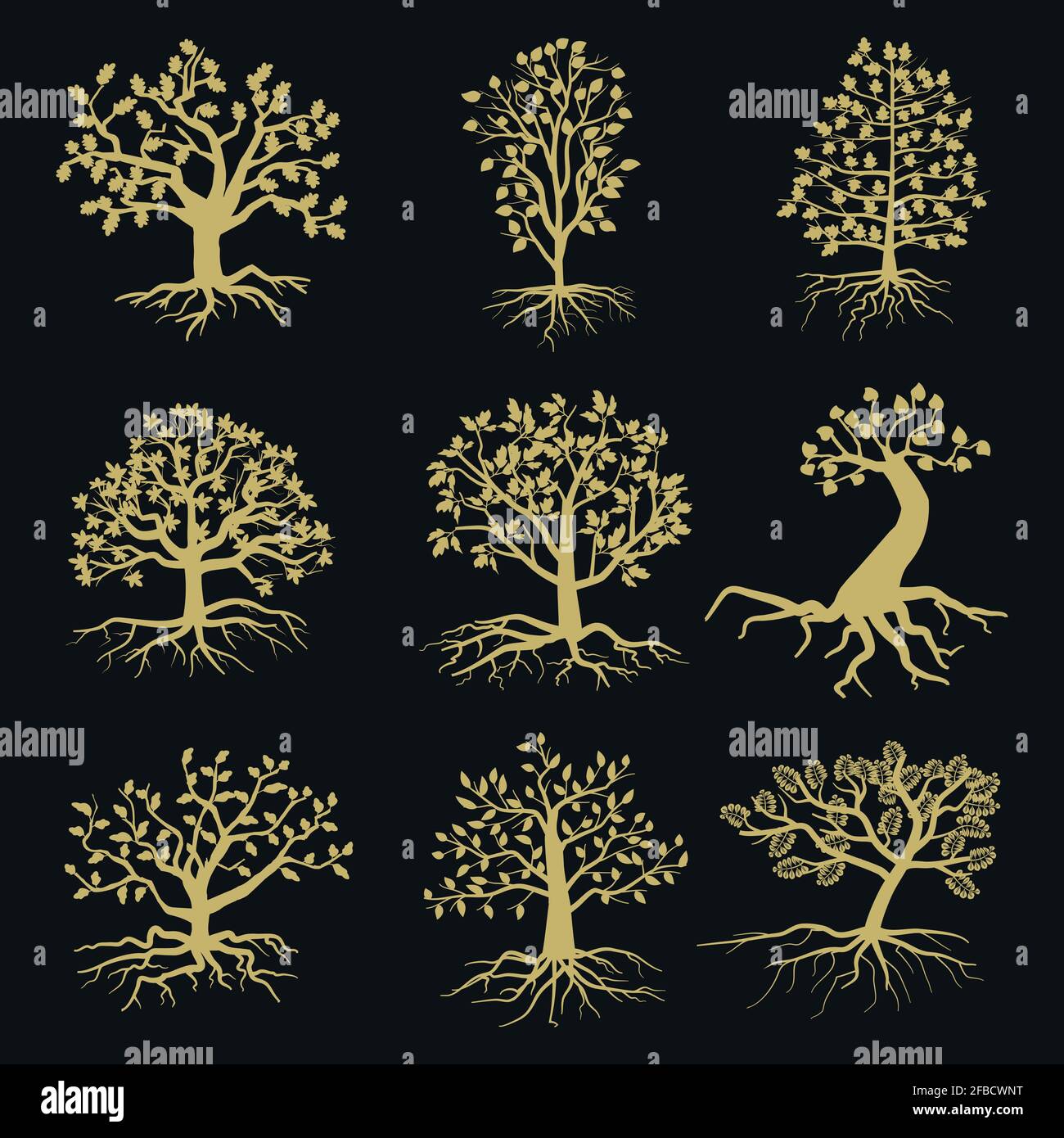 Vector tree silhouettes with leaves and roots isolated on black ...