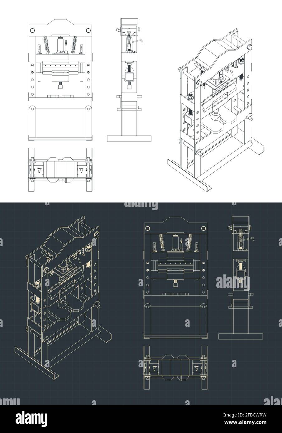 Stylized vector illustrations of powerful industrial hydraulic press ...