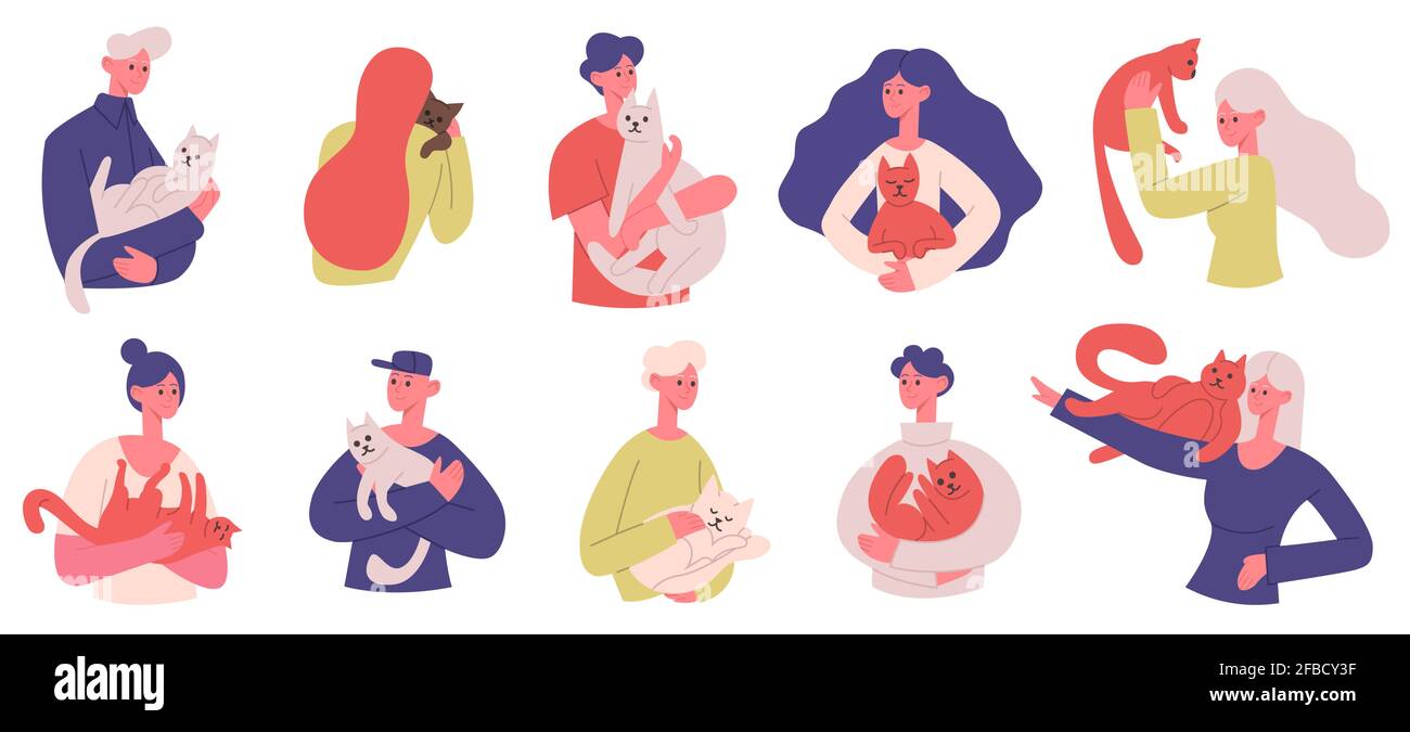 Cat owners. People and cute cats, happy domestic animals owners, men ...