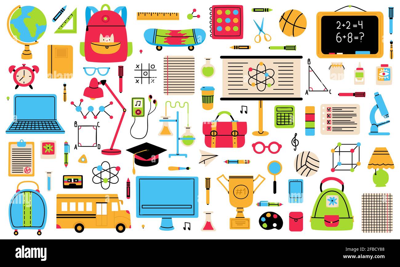 Back to school elements. School hand drawn symbols, globe, school bus ...
