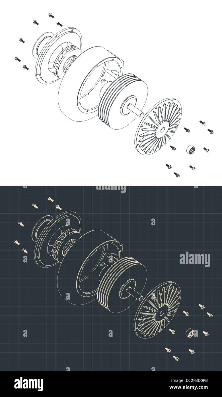 Stylized vector illustration of disassembled turbo pump isometric ...
