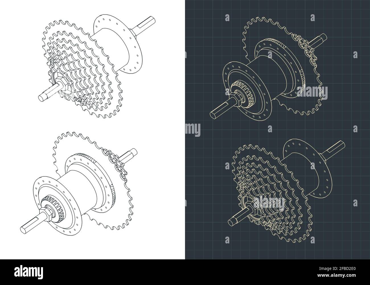 Stylized vector illustration of Bicycle Hub with cassette isometric ...