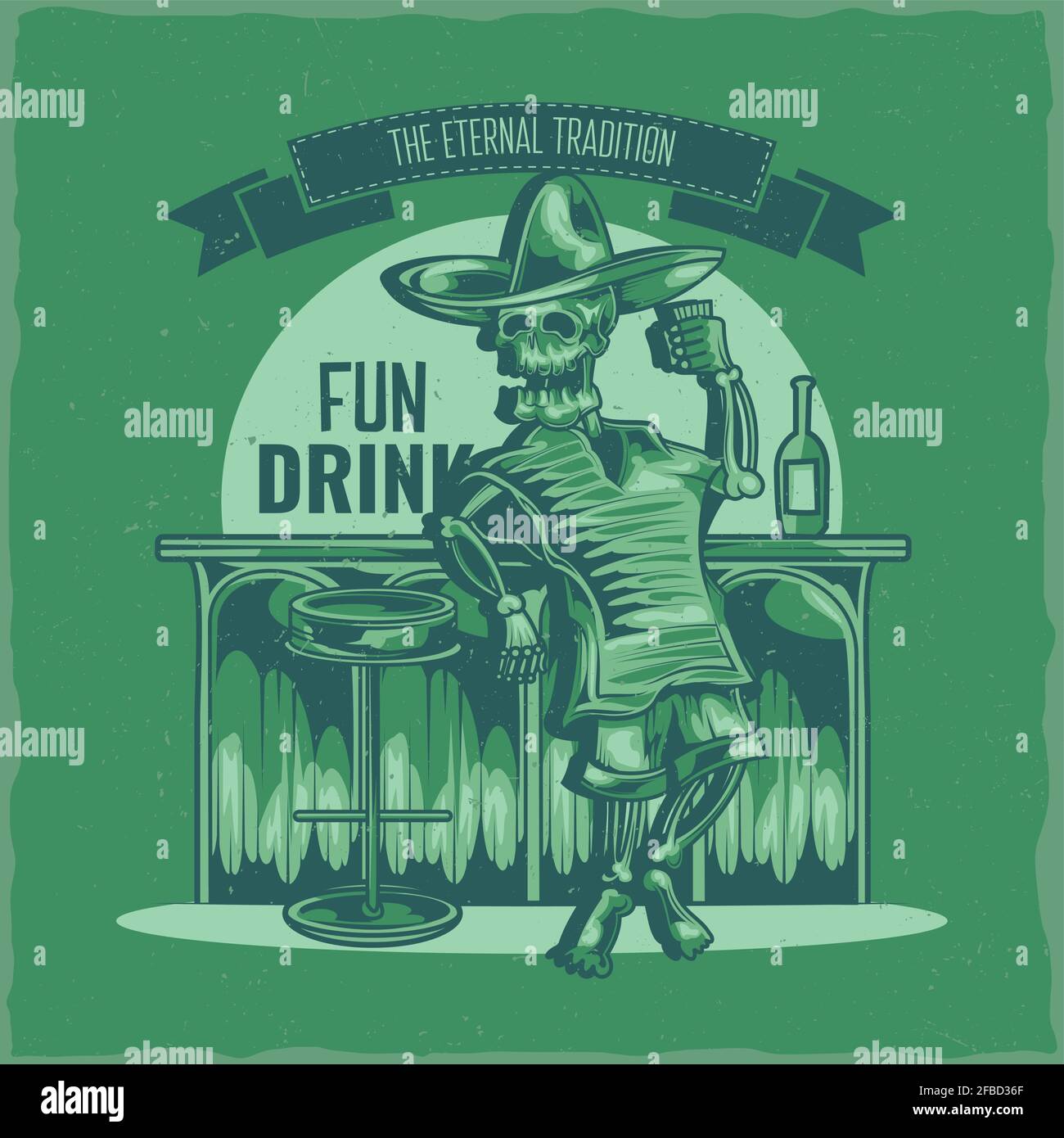 T-shirt label design with illustration of mexican drunk skeleton Stock ...