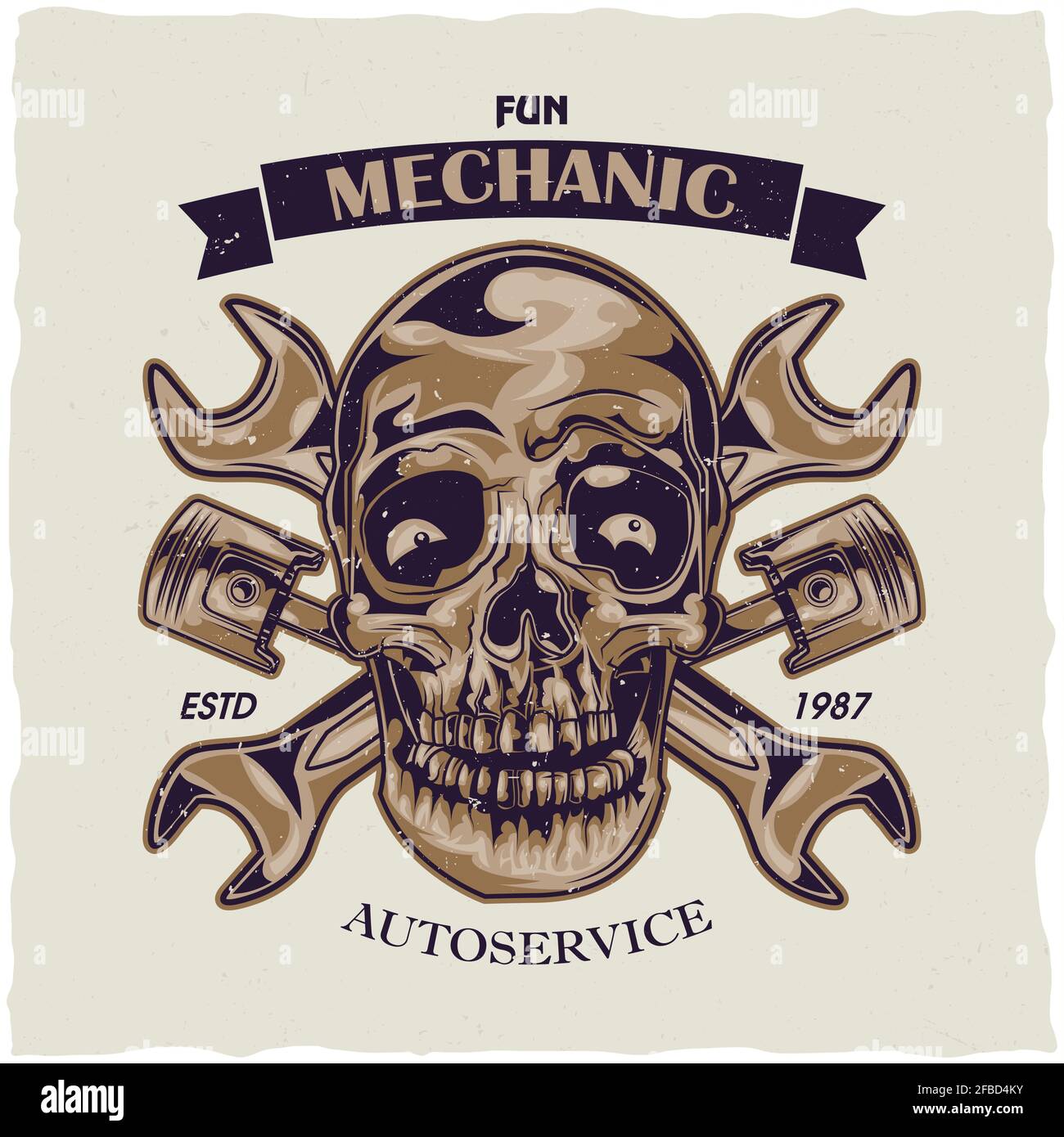 T-shirt label design with illustration of mechanic skull Stock Vector ...