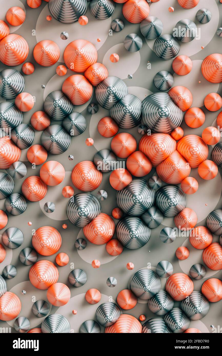 Three dimensional render of red and gray cones laid on polka dot ...