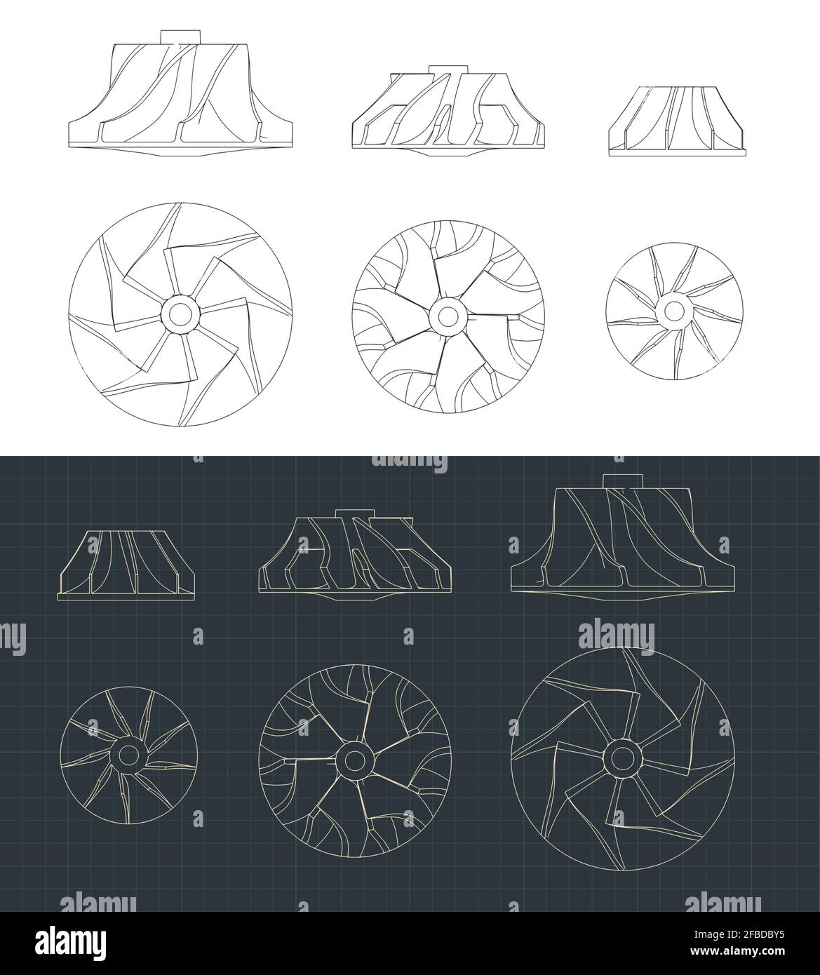 Stylized vector illustration of Turbine impellers drawings mini Set ...