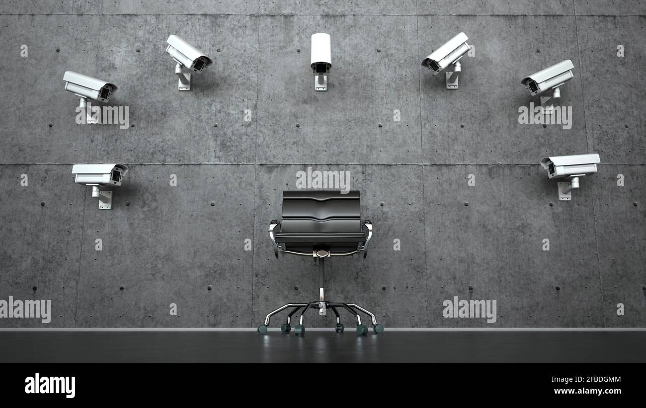 Three dimensional render of security cameras pointed at empty office ...