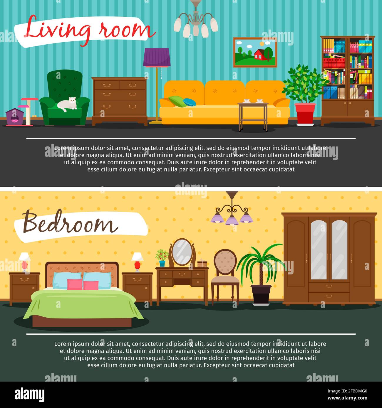 Living room and bedroom home interior vector illustration. Family room ...