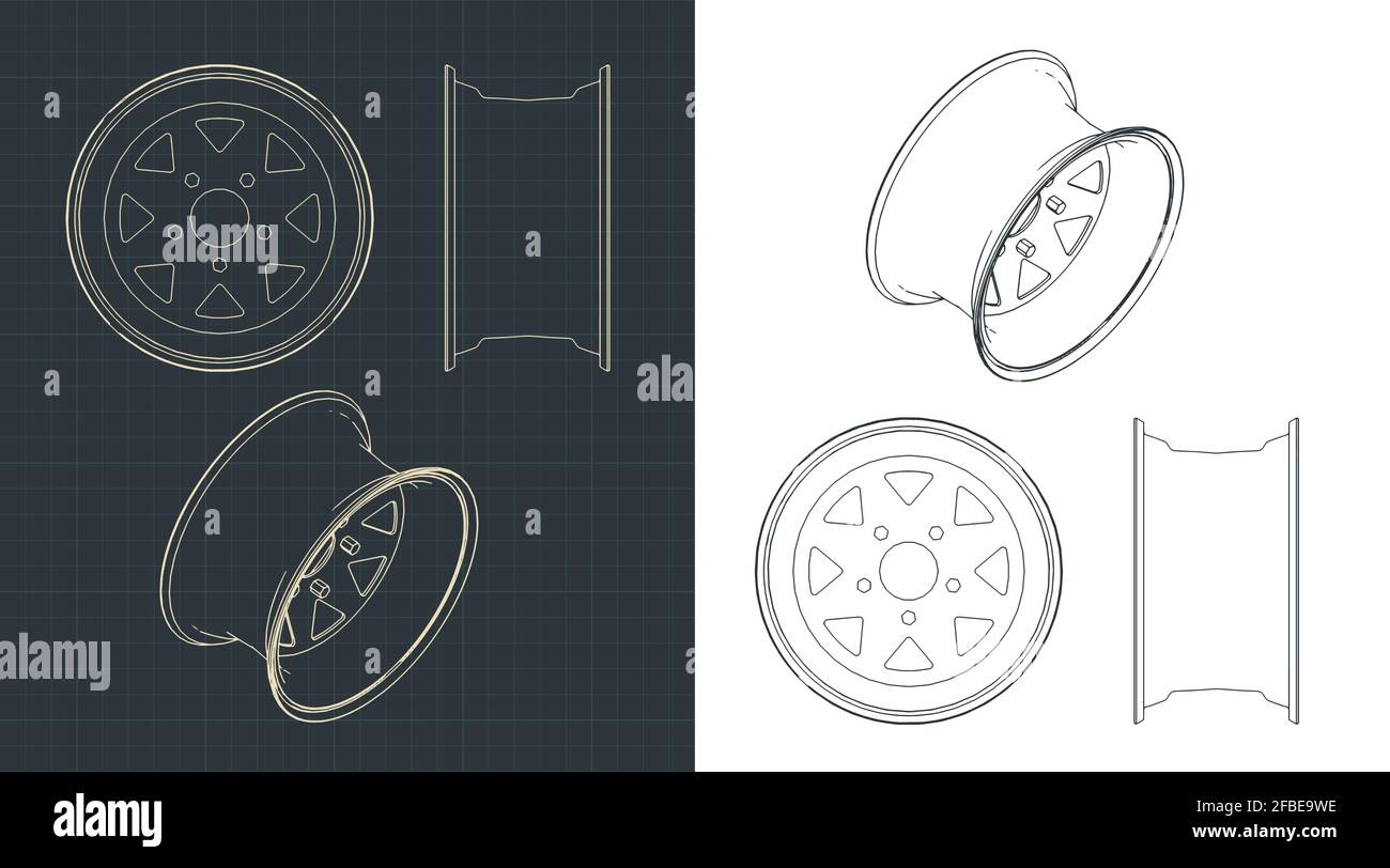 Stylized vector illustration of drawings of light alloy wheels of an ...
