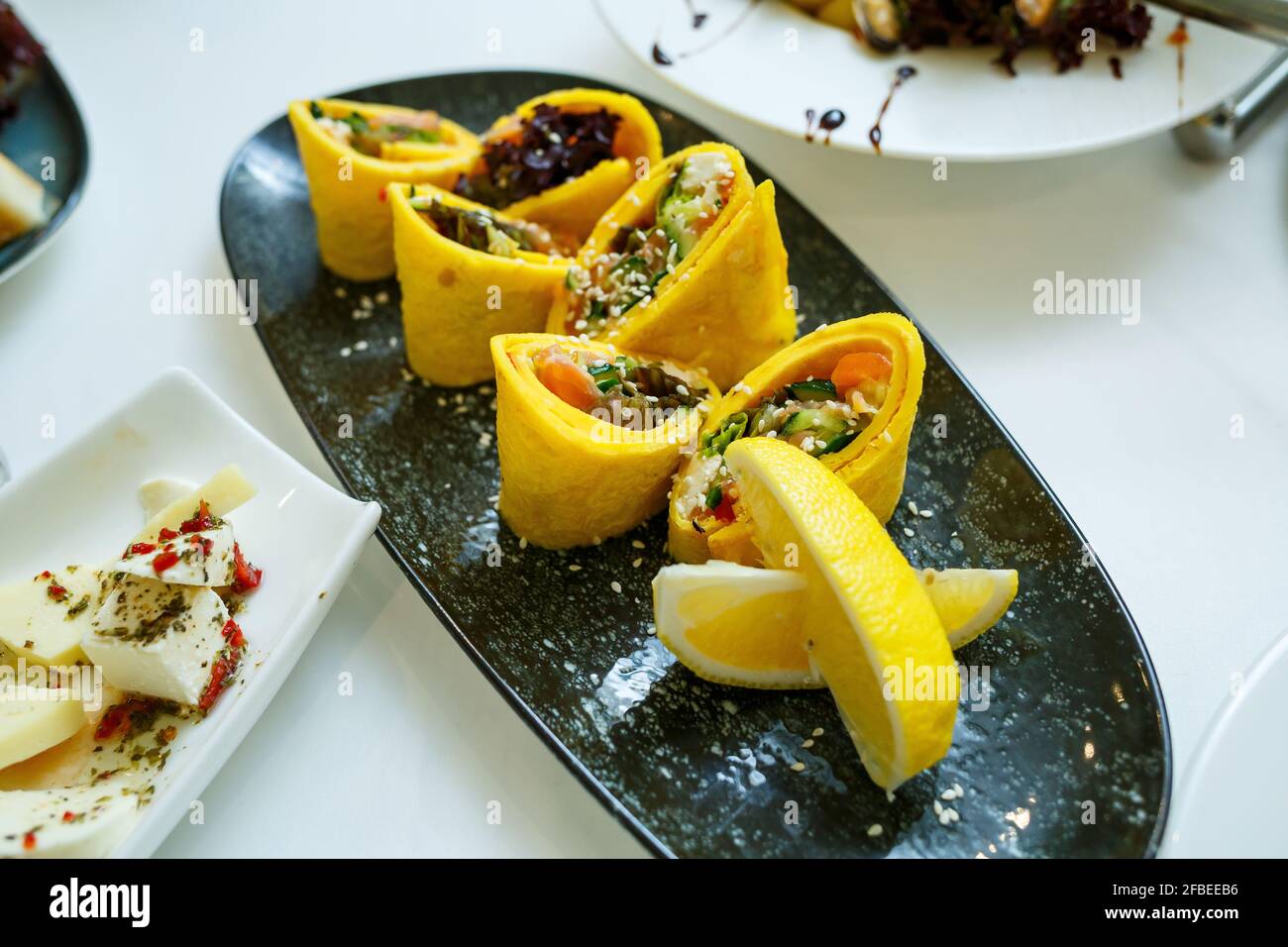 Delicious dish on the buffet table. Cold appetizers from the chef for ...