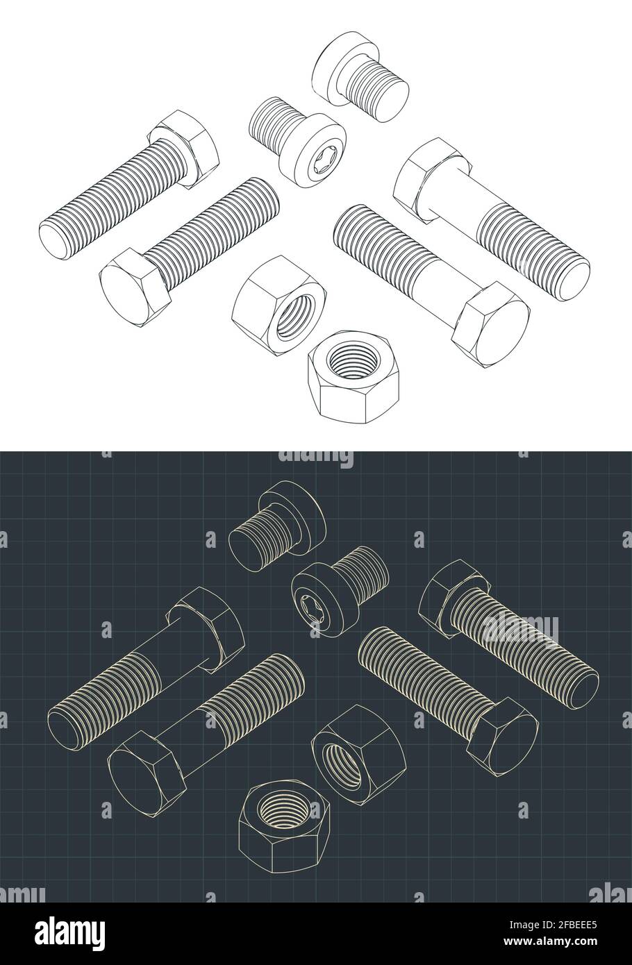 Stylized vector illustration of isometric drawings of a set of screws ...