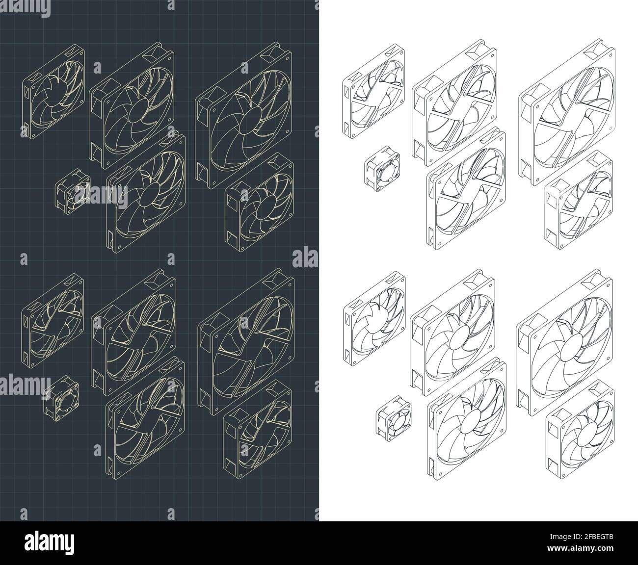Stylized vector illustrations of isometric drawings of computer fans of ...