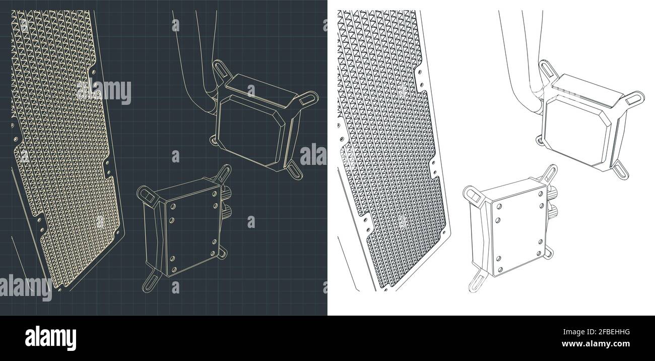 Vector illustration of a liquid cooling system, radiator and pump close ...
