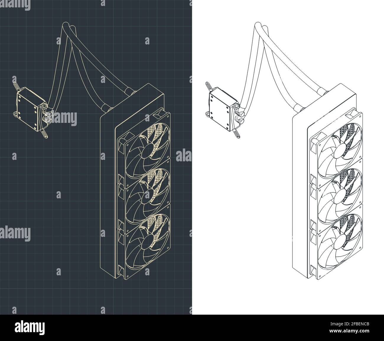 Stylized vector illustration of a liquid cooling system isometric ...