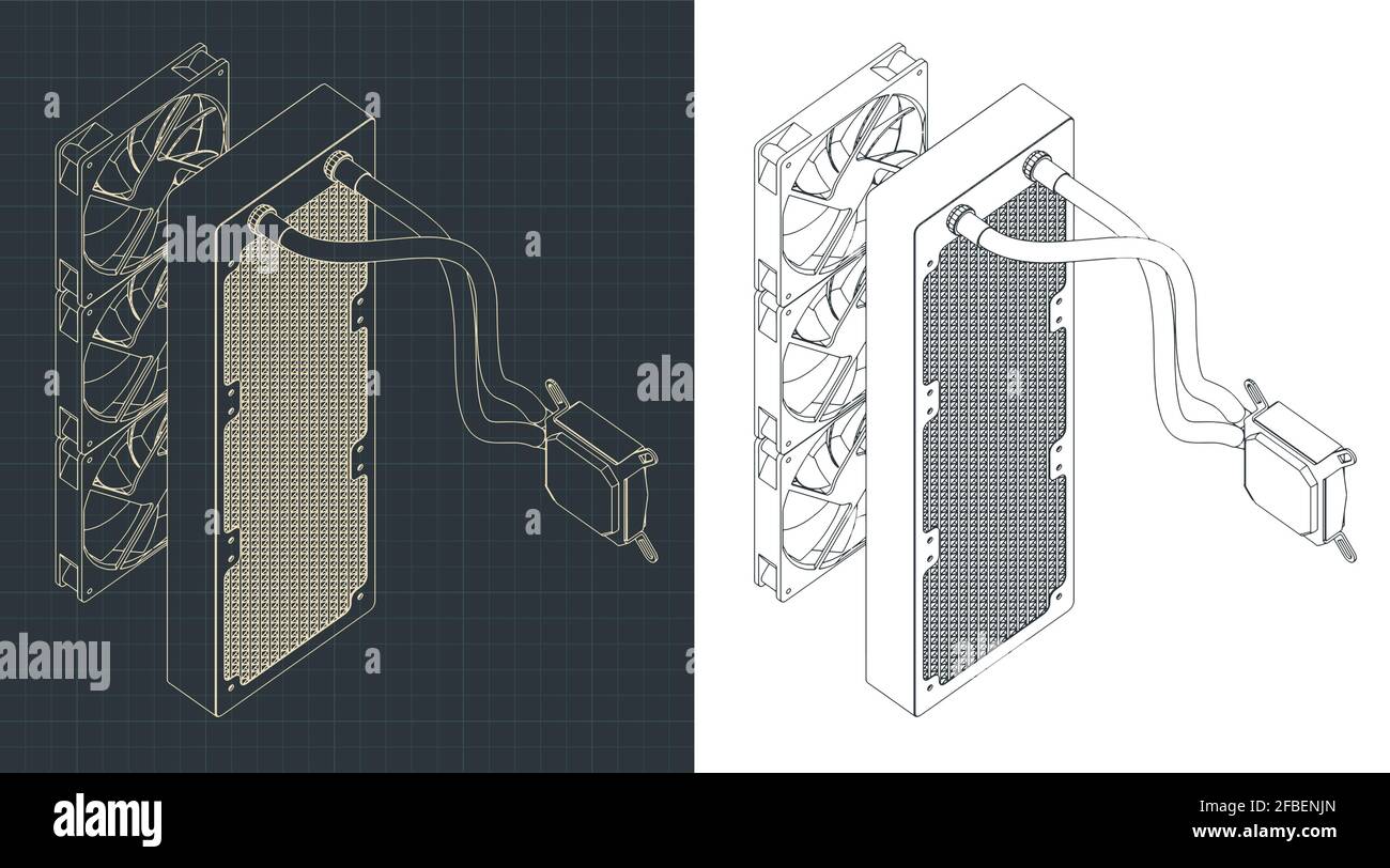Stylized vector illustration of a liquid cooling system isometric ...