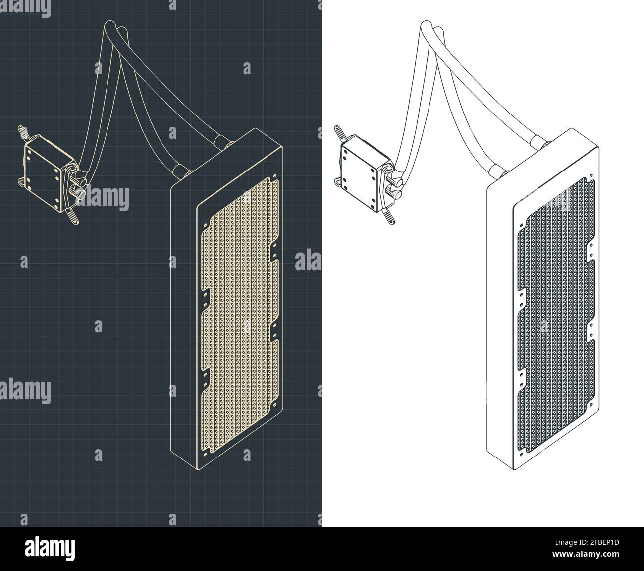 Stylized vector illustration of a liquid cooling system isometric ...