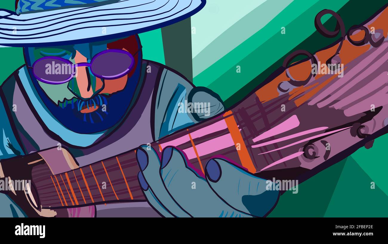 illustration of man playing guitar, cubism concept art and glasses ...