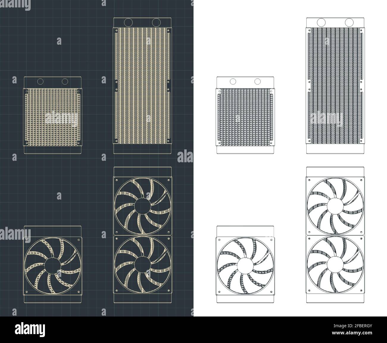 Stylized vector illustrations of drawings of water cooling radiators ...