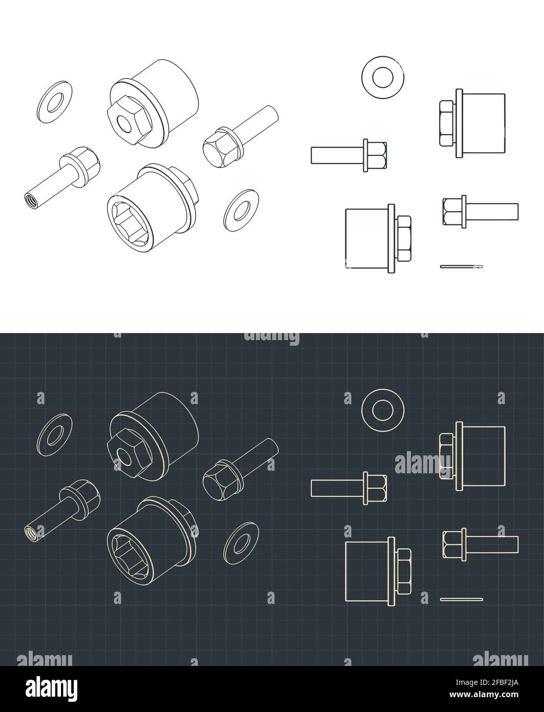 Vector illustration of a set of bolts, washers and adapters and ...