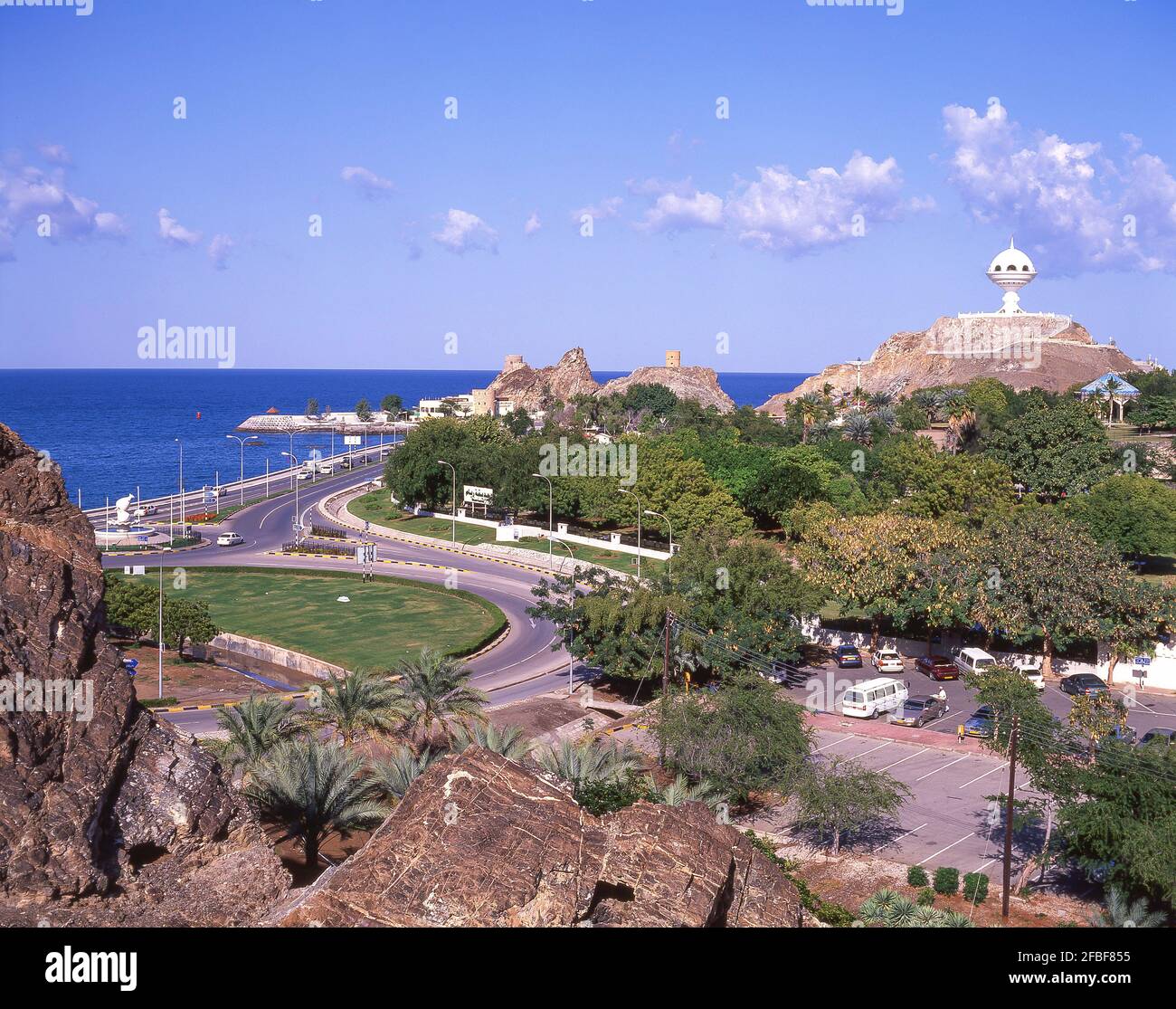 View of park and 'Incense Burner' Monument, Riyam City, Muscat, Masqat ...