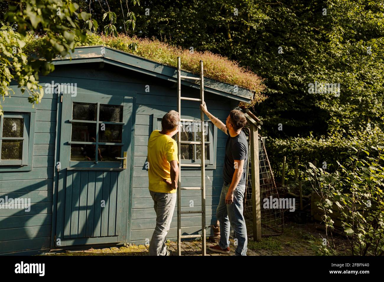 Father and son holding ladder in front of house Stock Photo - Alamy