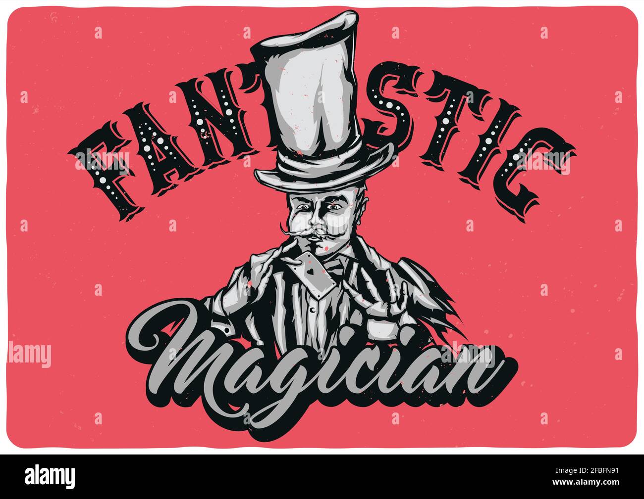T-shirt or poster design with illustraion of magician in hat with card ...