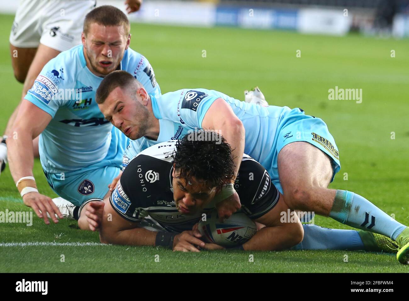 Hull, England. Friday 23rd April 2021. Andre Savelio of Hull FC scores ...