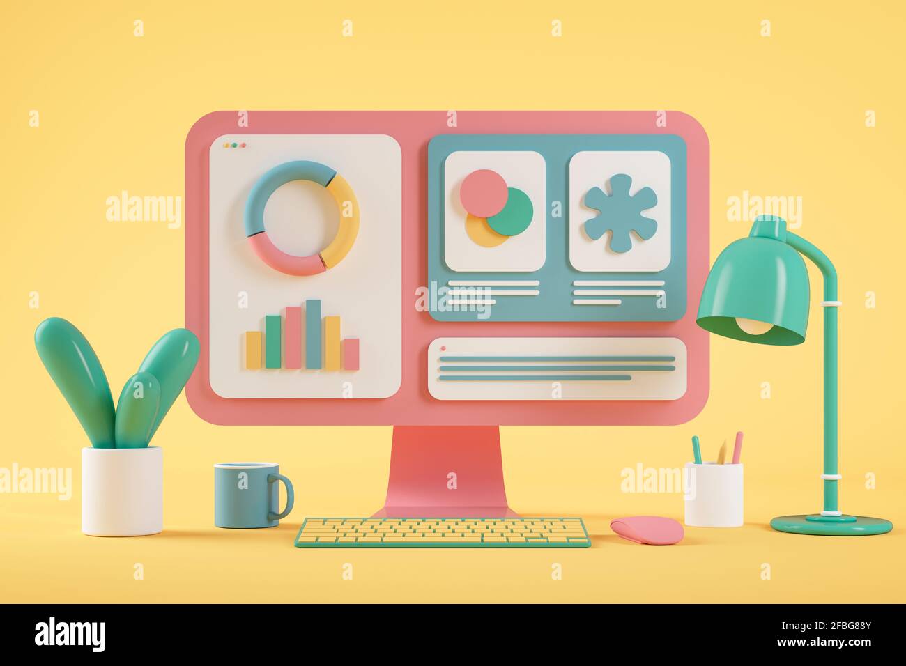 Cartoon computer with graph and design on screen against yellow ...