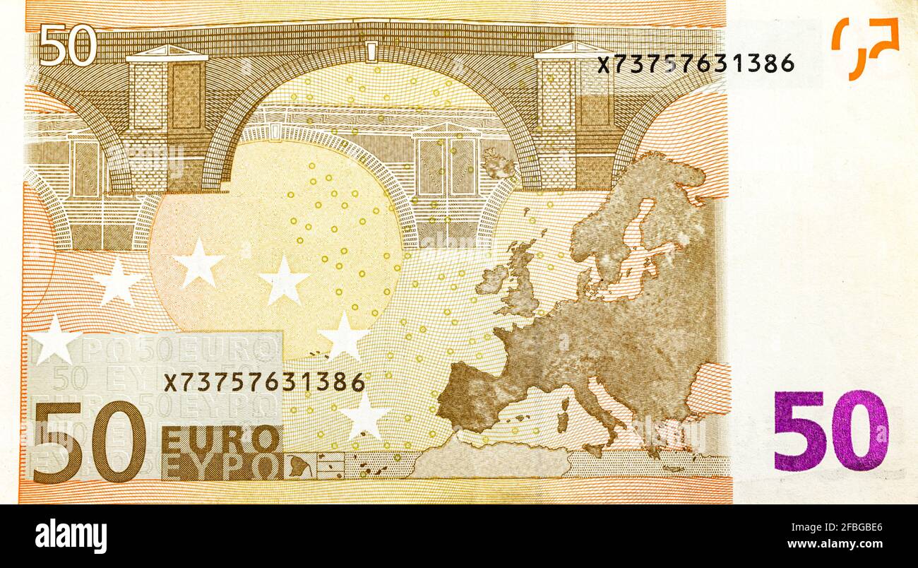 Backside of fifty euro banknote, close up photo Stock Photo - Alamy