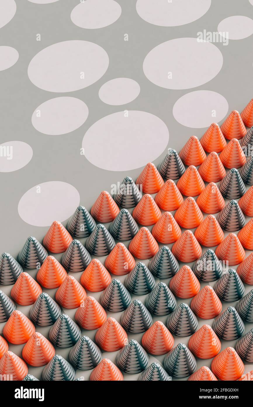 Three dimensional render of red and gray cones laid on polka dot ...