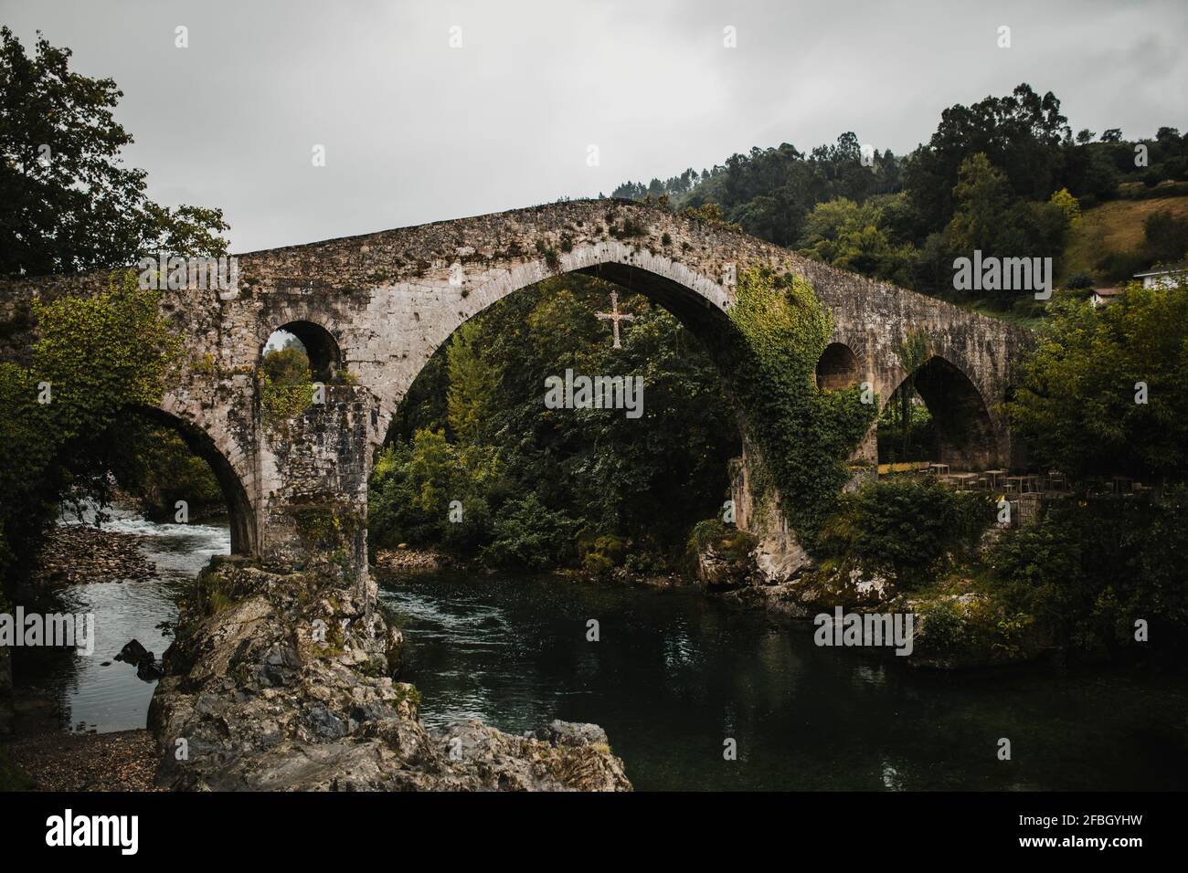 Medieval arch bridge over Sella river, Cangas de Onis, Spain Stock ...