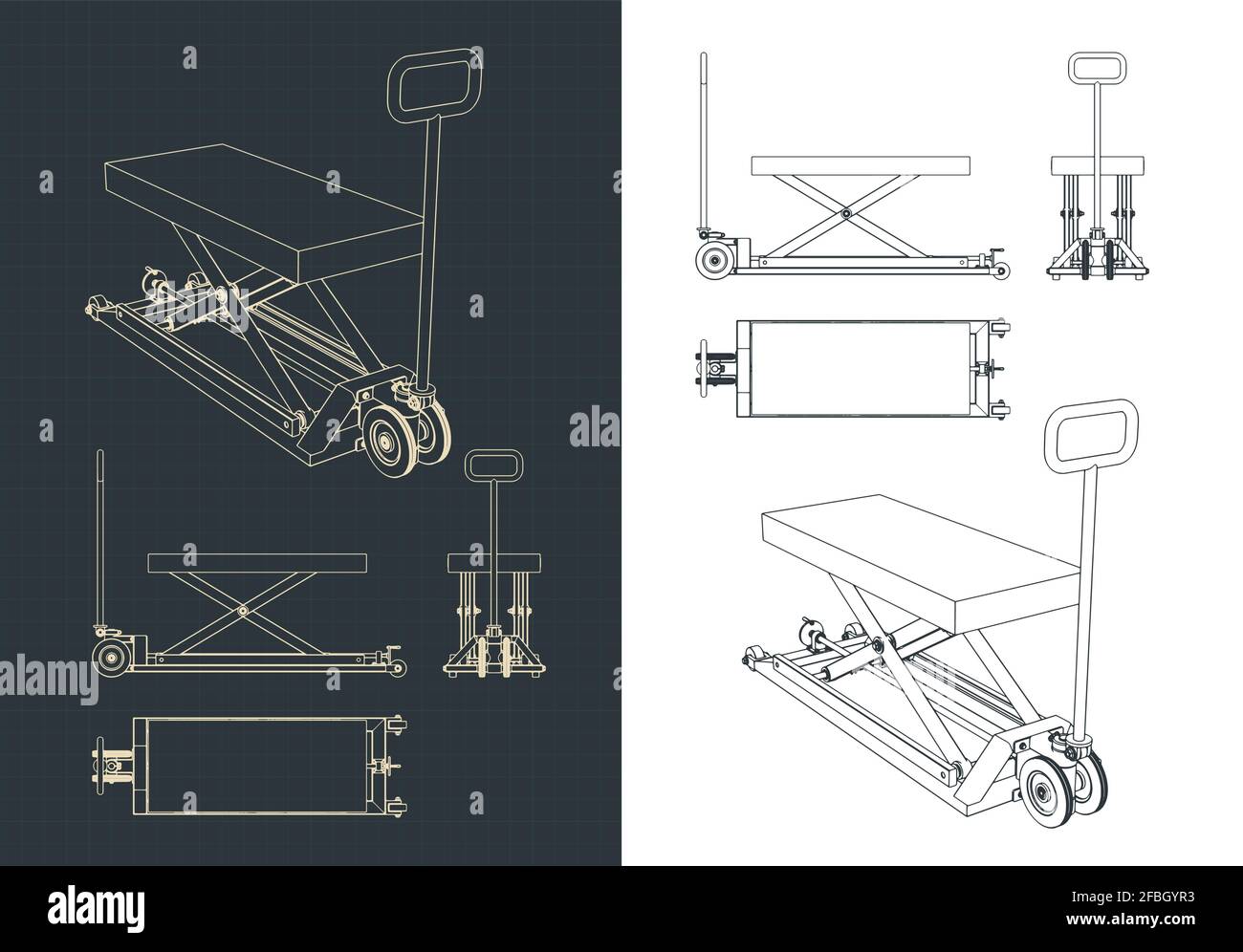Stylized vector illustration of a pallet jack with a hydraulic up and ...