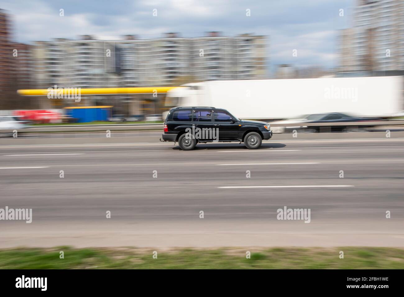 Ukraine, Kyiv - 6 April 2021: Black Toyota Land Cruiser car moving on ...