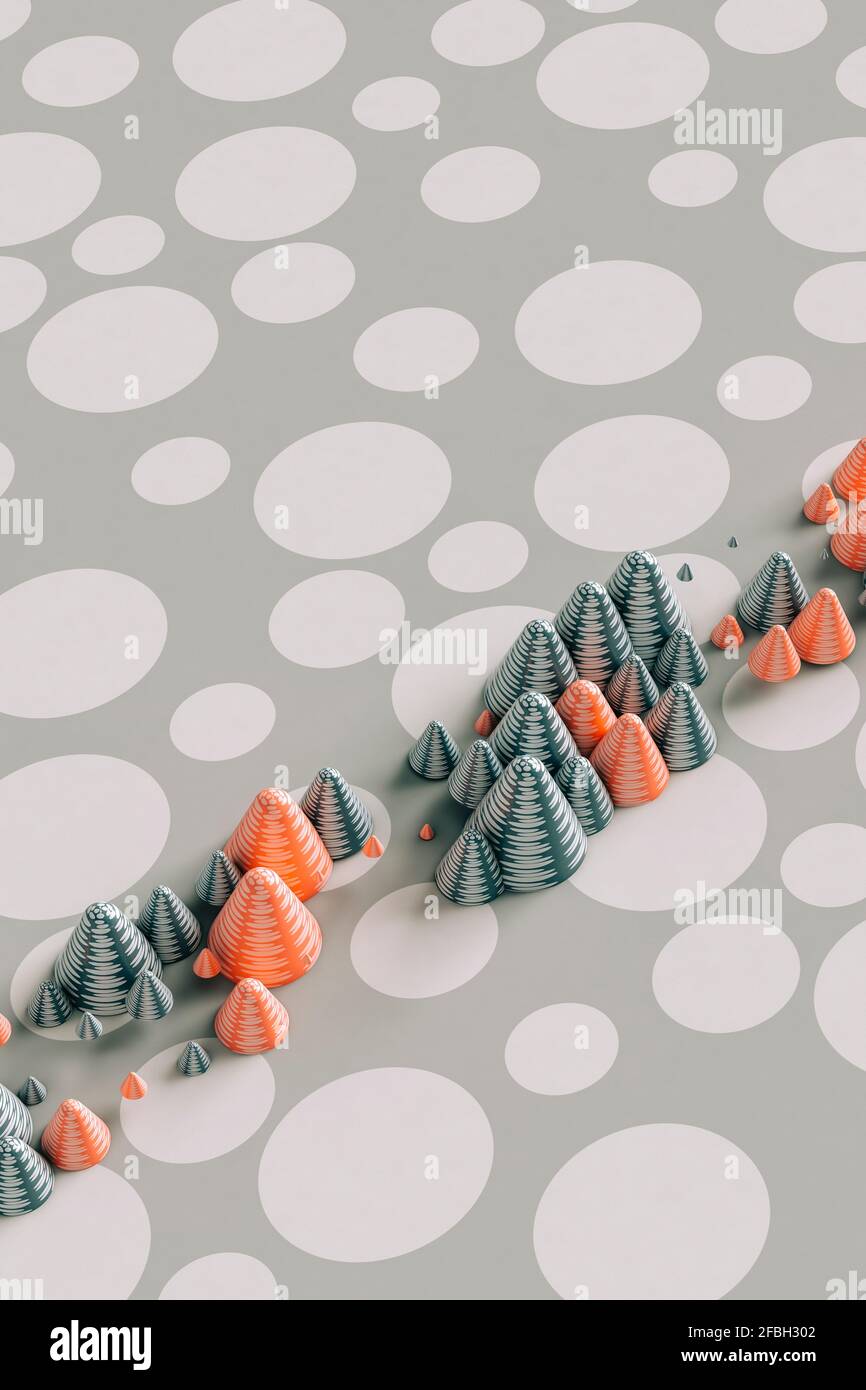 Three dimensional render of red and gray cones laid on polka dot ...
