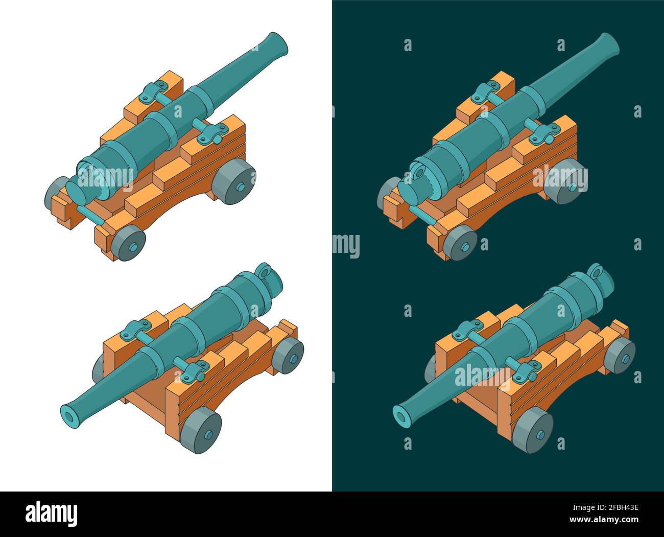 Stylized vector illustration of a vintage artillery cannon isometric ...