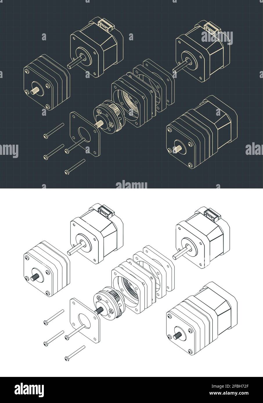 Stylized vector illustration of isometric drawings of a disassembled ...