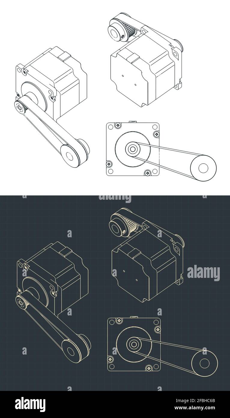 Stylized vector illustration of isometric drawings of a step motor with ...