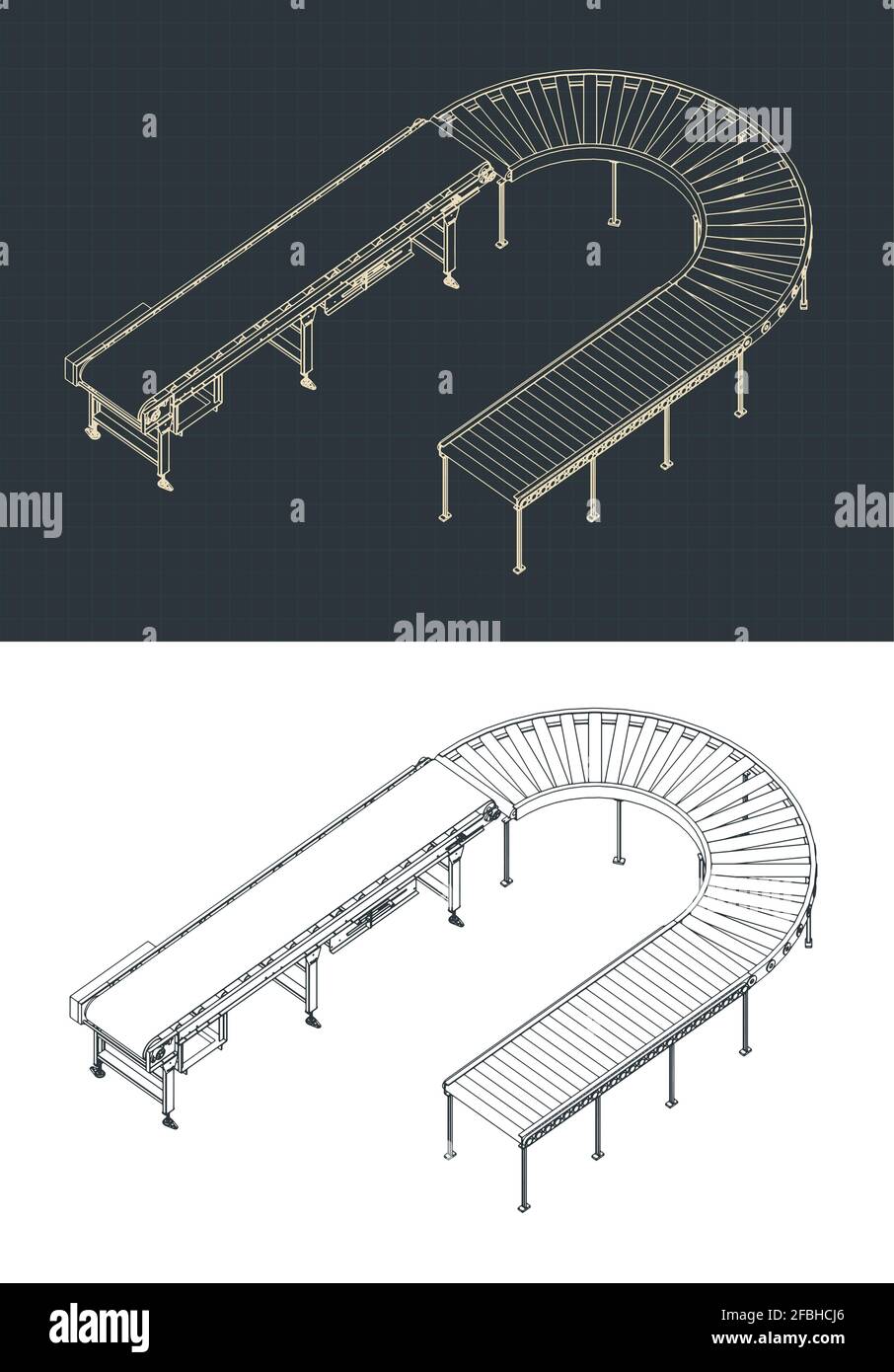Stylized vector illustrations of roller and belt conveyors isometric ...