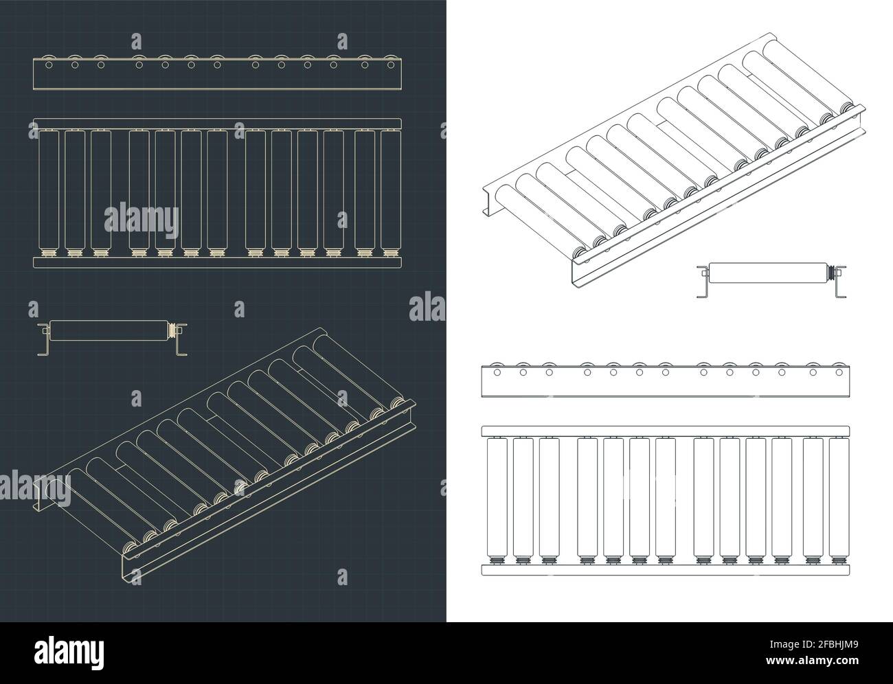 Stylized vector illustrations of roller conveyor blueprints Stock ...