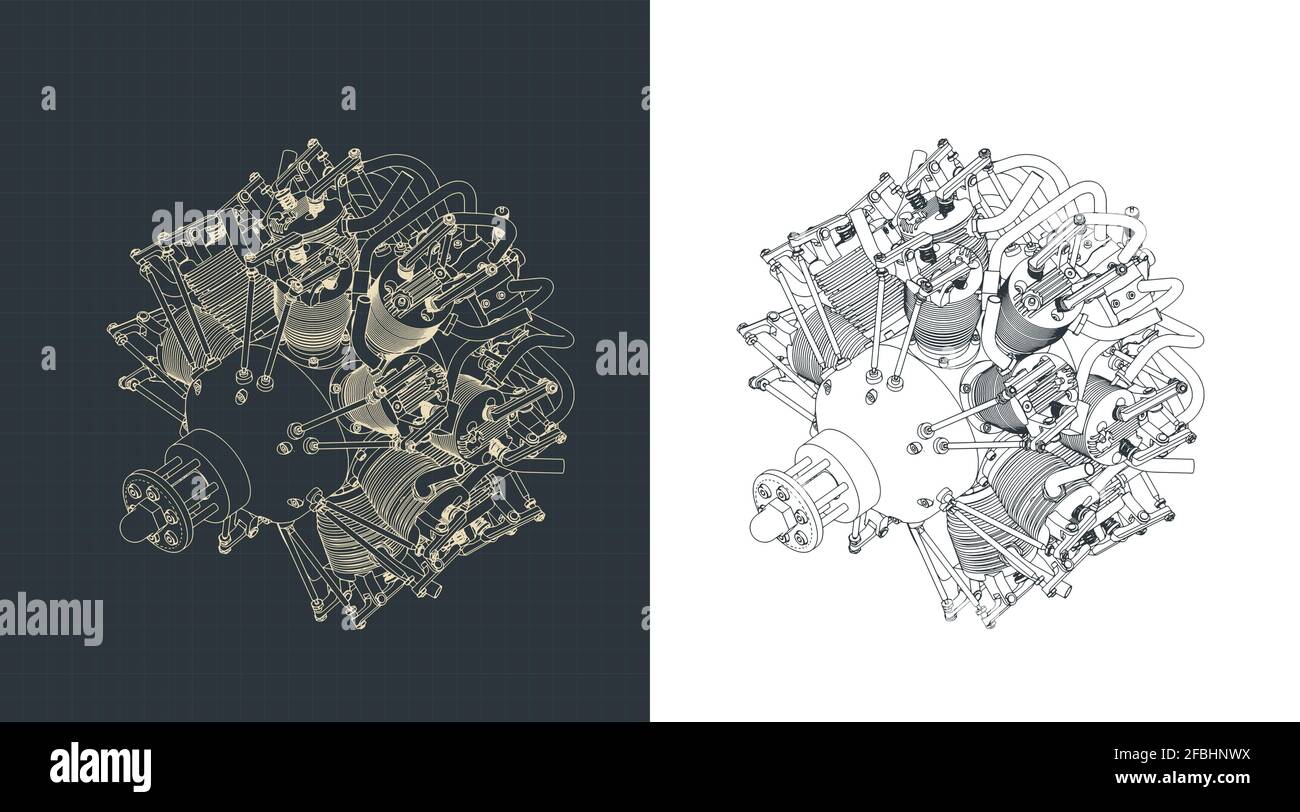 Stylized vector illustration of aircraft radial engine isometric ...