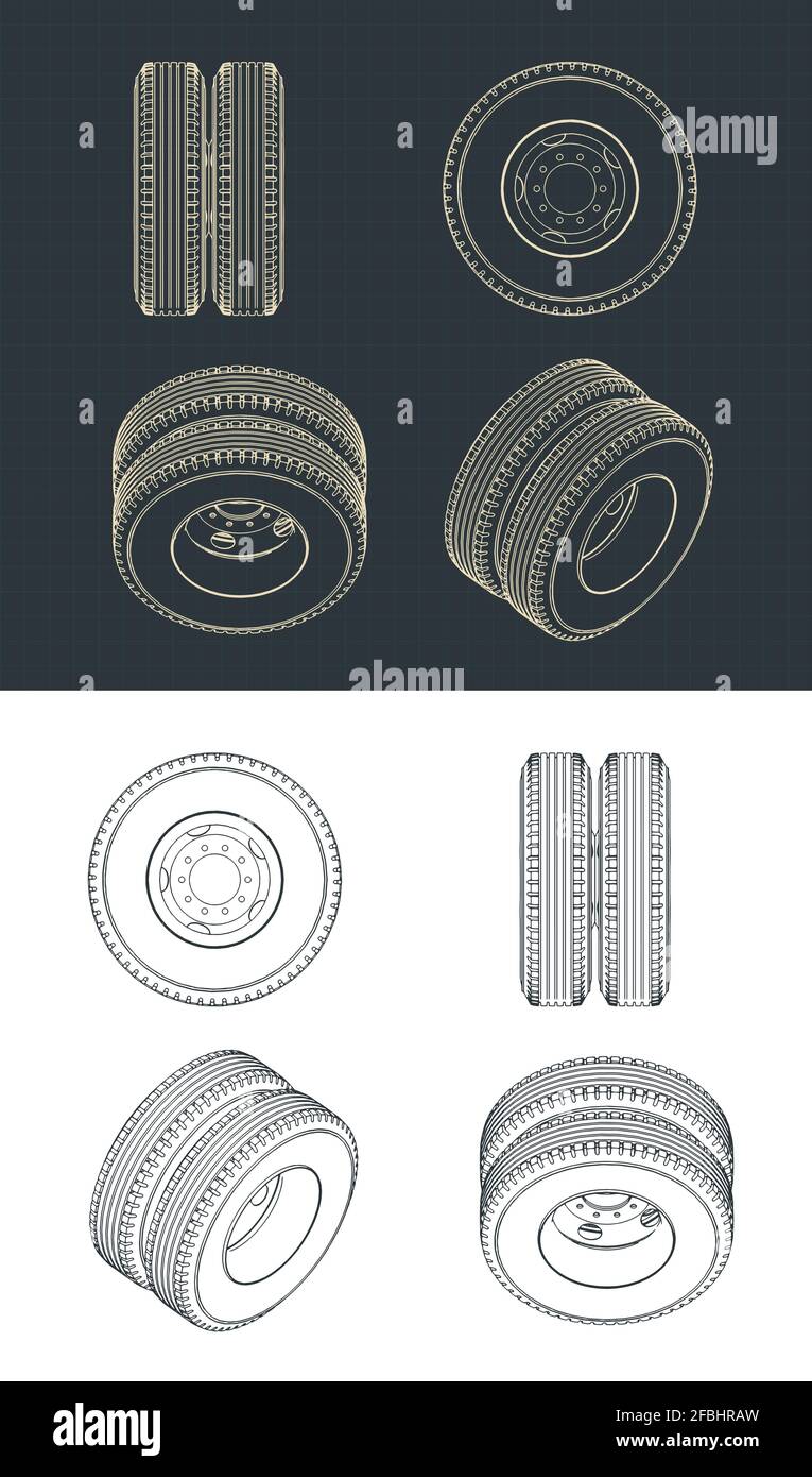 Stylized vector illustration of dual truck wheel blueprints Stock ...