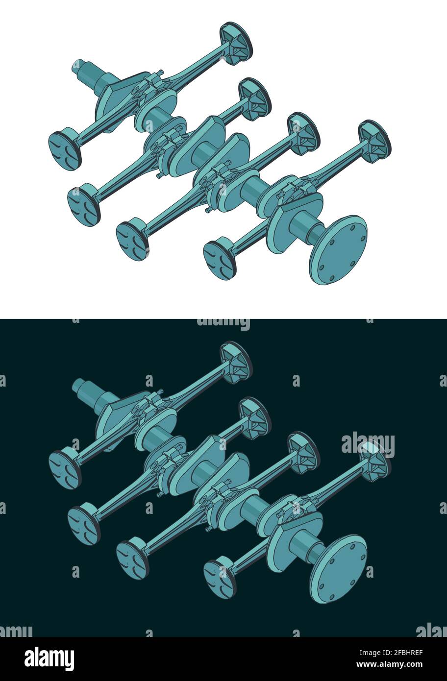 Stylized vector illustration of crankshaft and pistons of horizontally ...