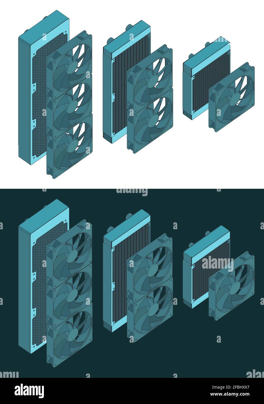 A set of color illustrations of different liquid cooling systems for ...