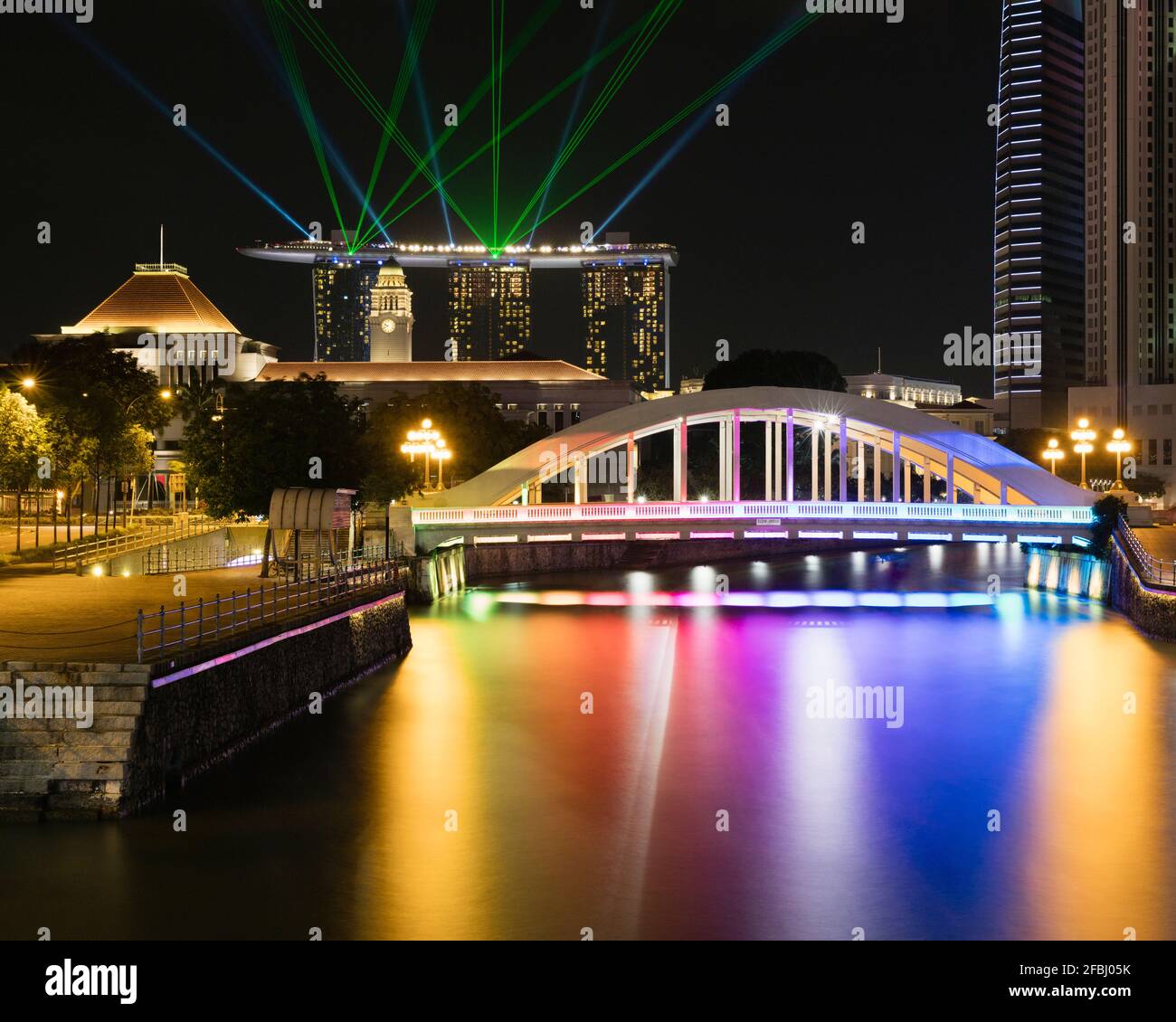 Singapore, Elgin Bridge at night with Marina Bay Sands in background ...